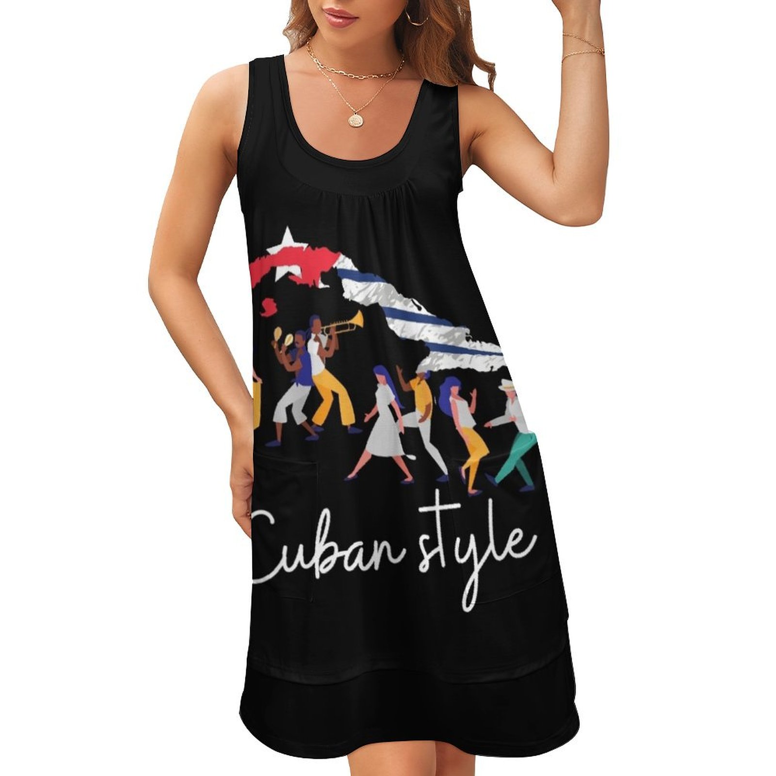 guayabera cuban style Sleeveless U-Neck Fake Two Piece Dress dresses ...