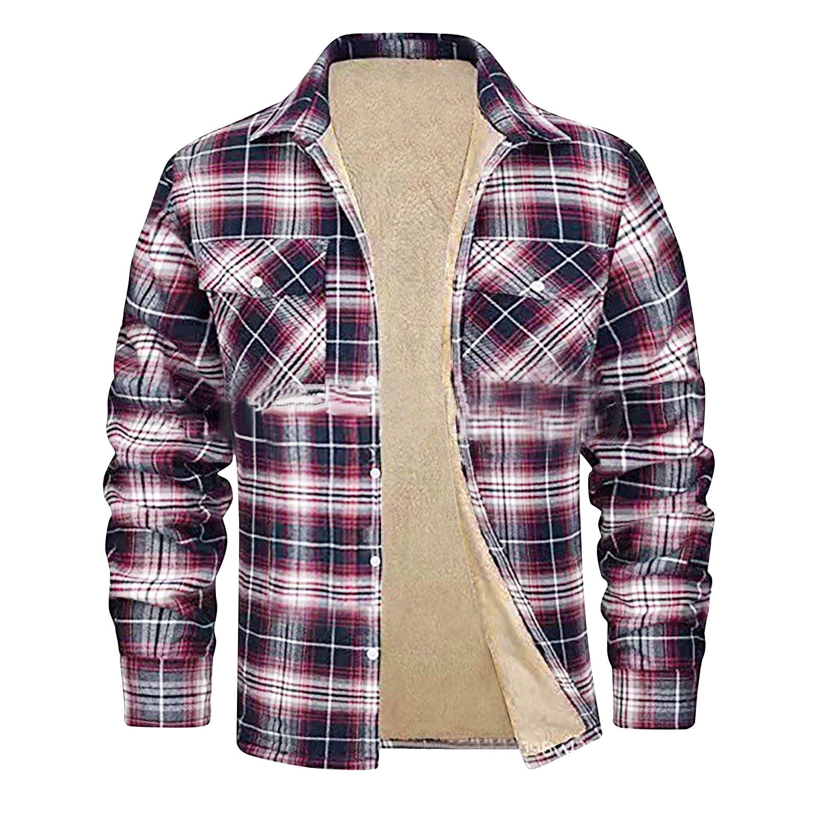 guisaled Men Flannel Jacket with Hood Long Sleeve Sherpa Lined Plaid ...