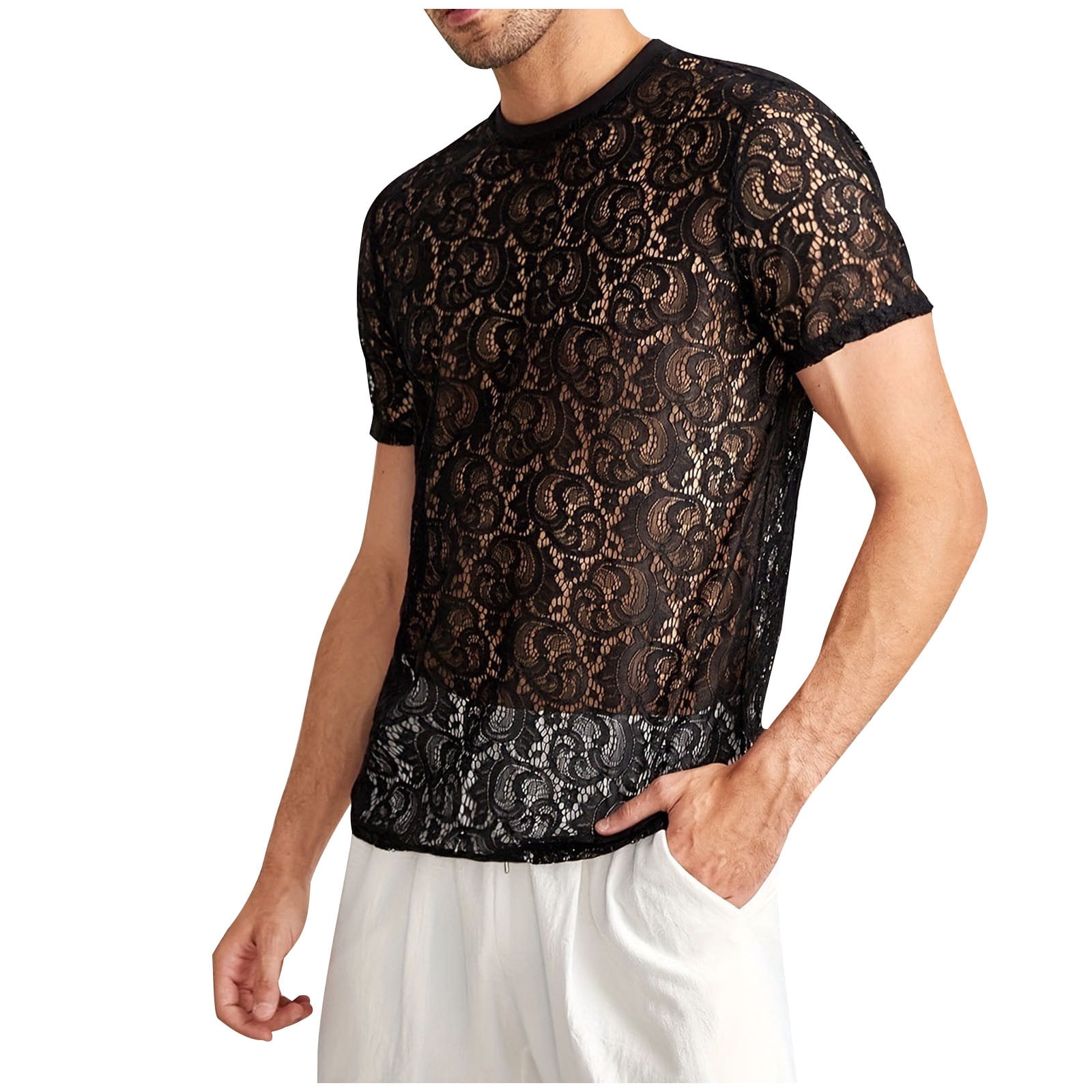 guisaled Men's Sheer Mesh Short Sleeve Round Neck T Shirts Solid Plain ...