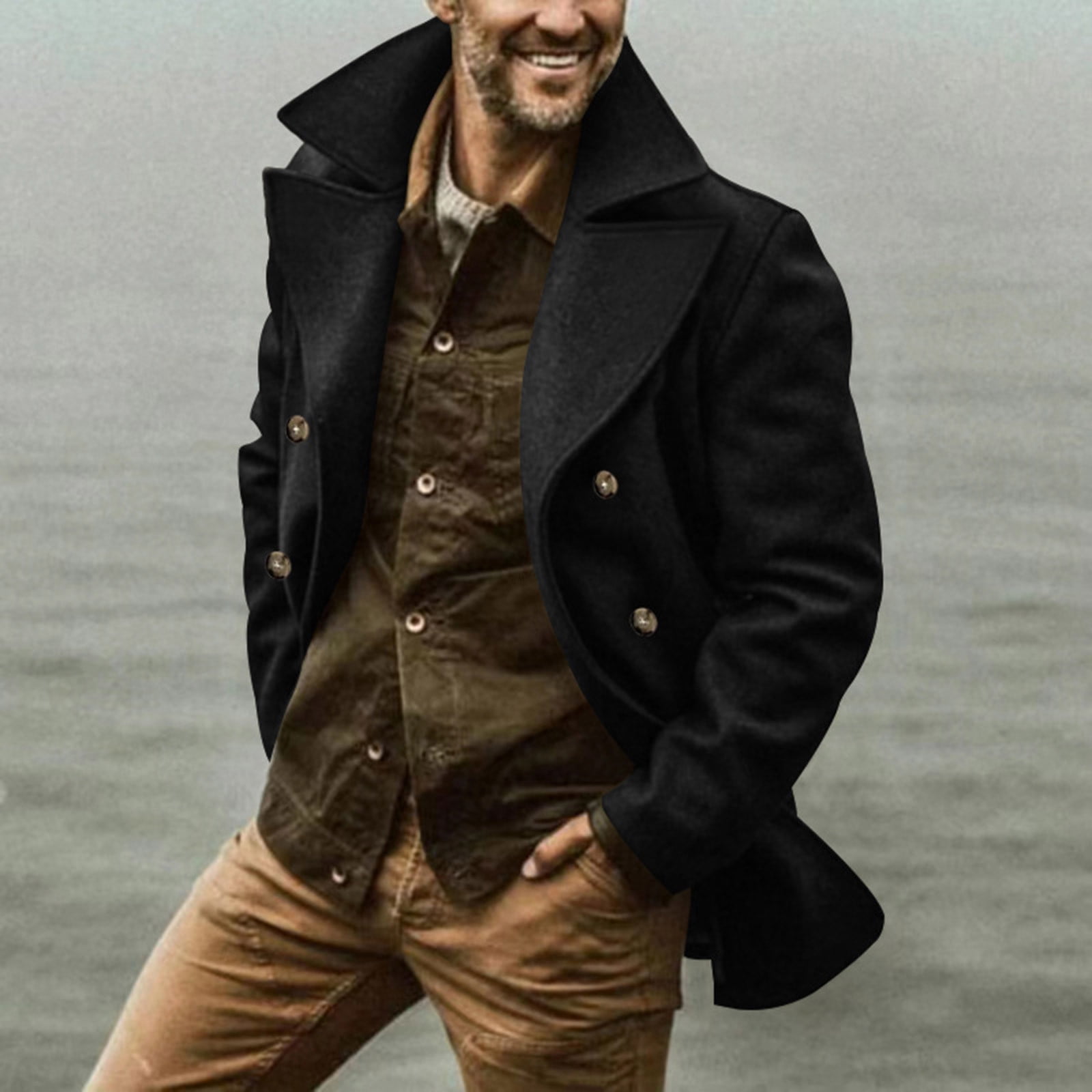 guisaled Men's Single Breasted Trench Coat Solid Trendy Short Pea Coat ...