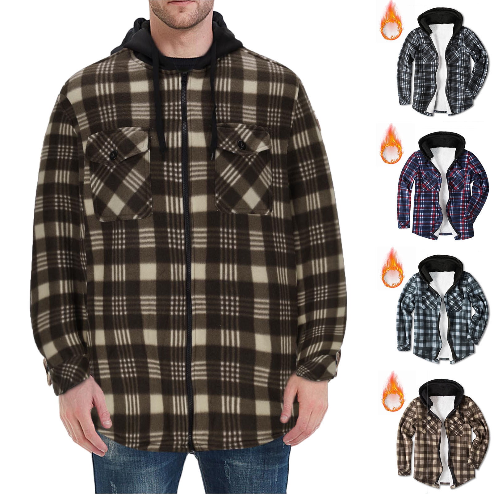 guisaled Mens Flannel Shirt Jacket with Hood Sherpa Lined Heavy Fleece ...