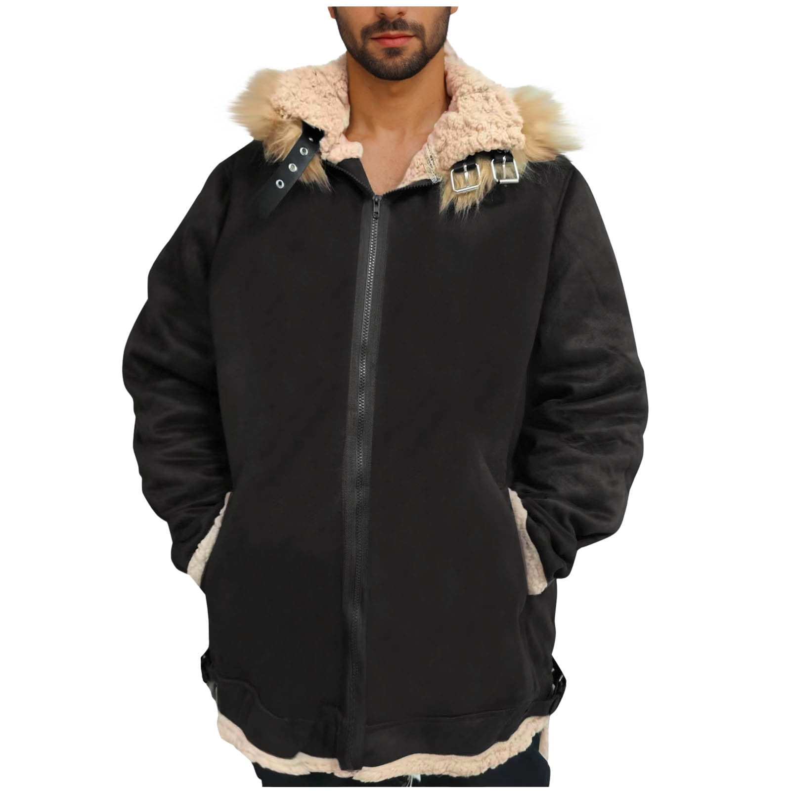 guisaled Suede Jacket Men Shearling Faux Leather Sherpa Lined Winter ...