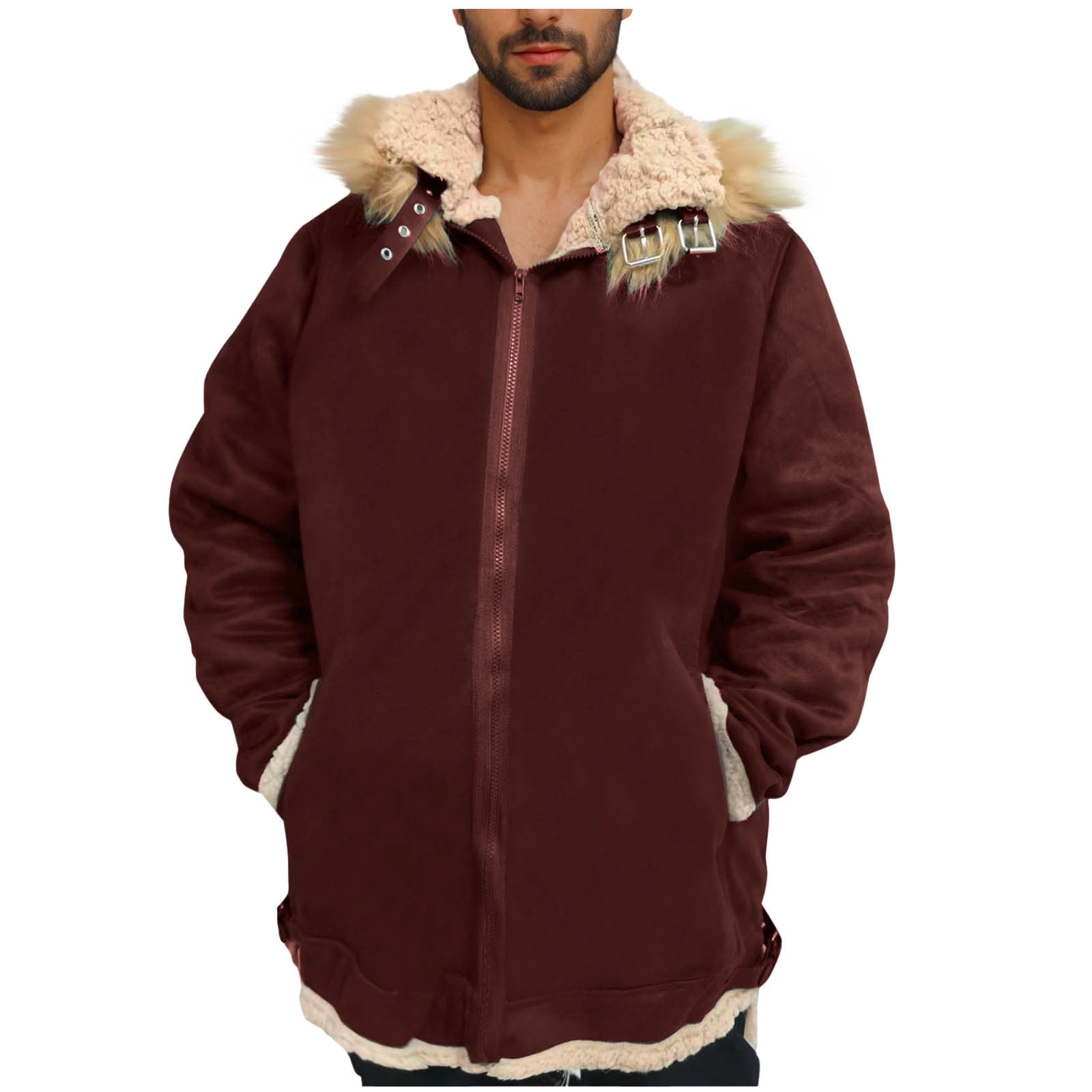 guisaled Suede Jacket Men Shearling Faux Leather Sherpa Lined Winter ...