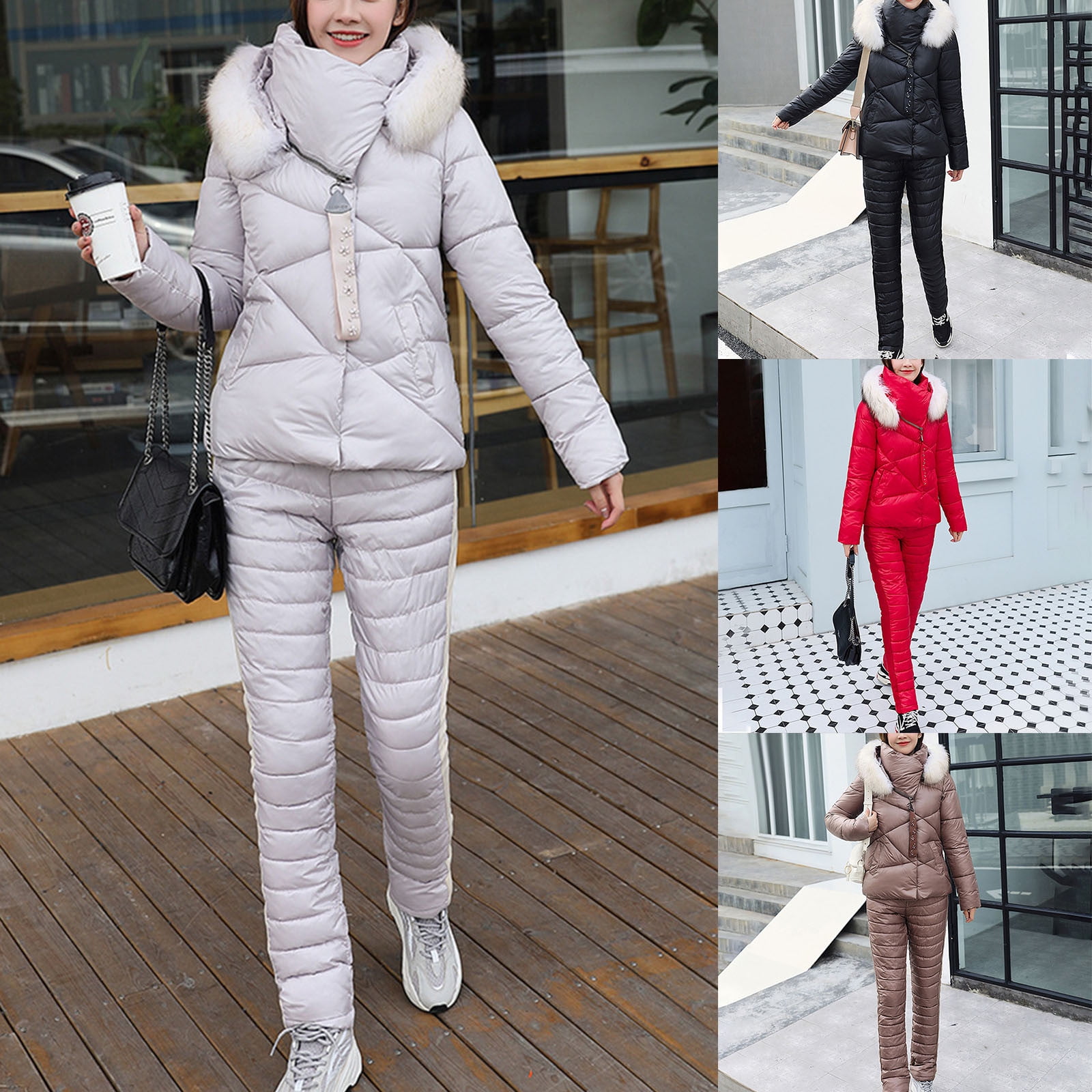 guisaled Womens Winter Ski Suit Two Piece Hooded Fur Collar Snowsuit ...