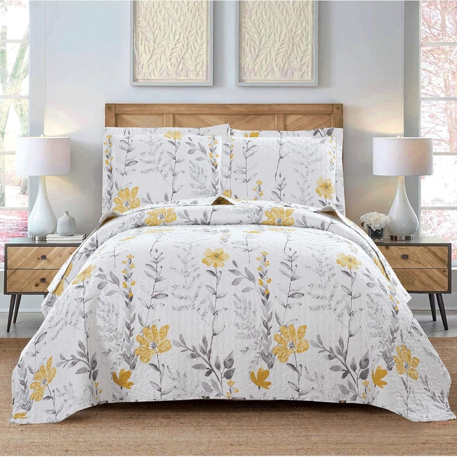gyropknm King Size Floral Quilt Set for Bed Lightweight Green Yellow ...