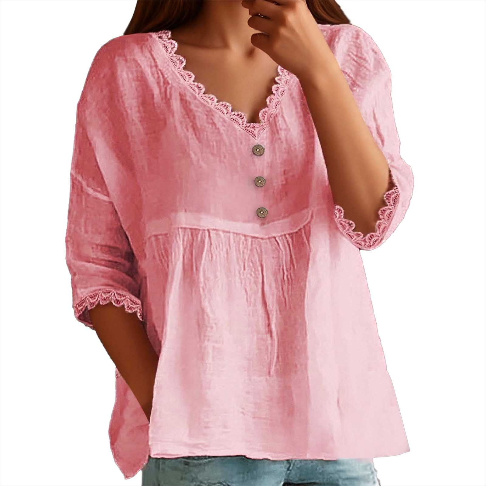 haieyH Women's Solid Color Casual V Neck Point Sleeve Lace Pullover ...