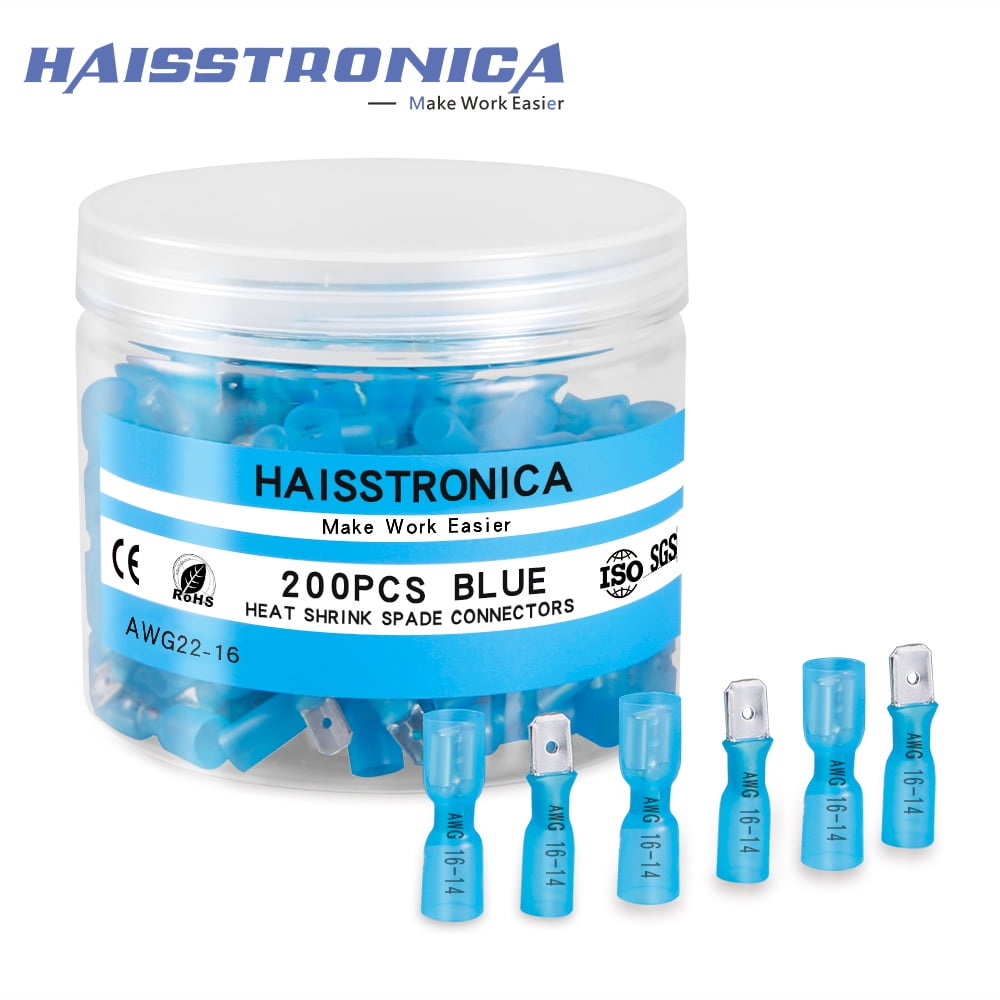 Haisstronica 200PCS Heat Shrink Spade Connectors, 16-14 AWG, Blue ...