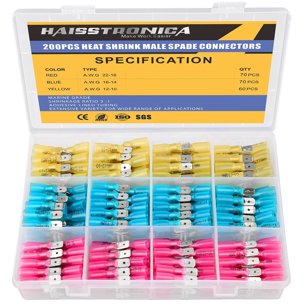 haisstronica 200PCS 22-10 Gauge Heat Shrink Male Spade Connectors ...