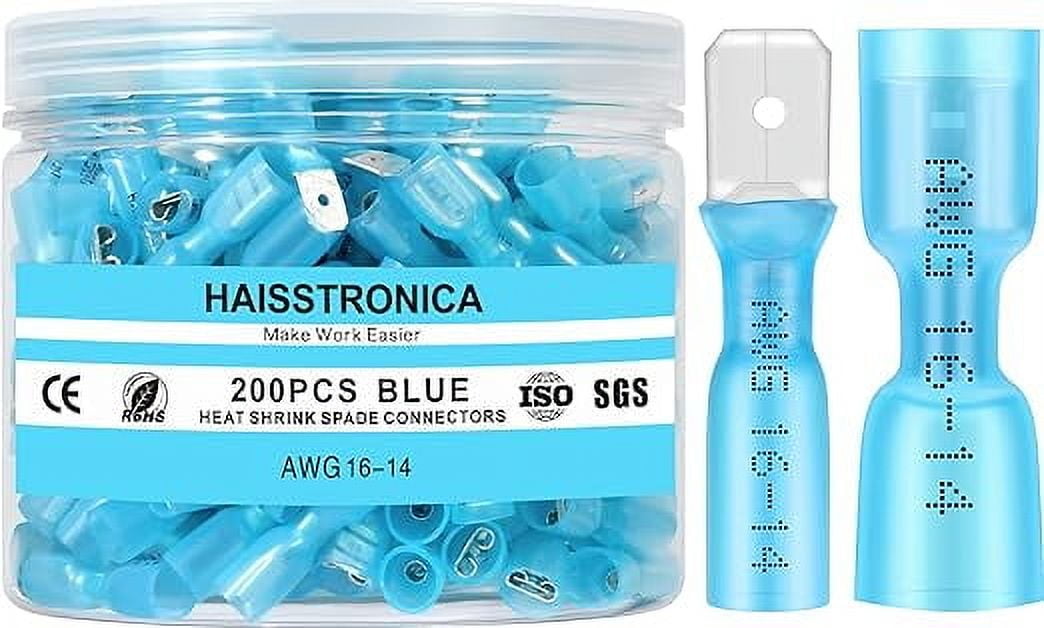 haisstronica 200PCS Blue Heat Shrink Spade Connectors,AWG 16-14 Heat ...