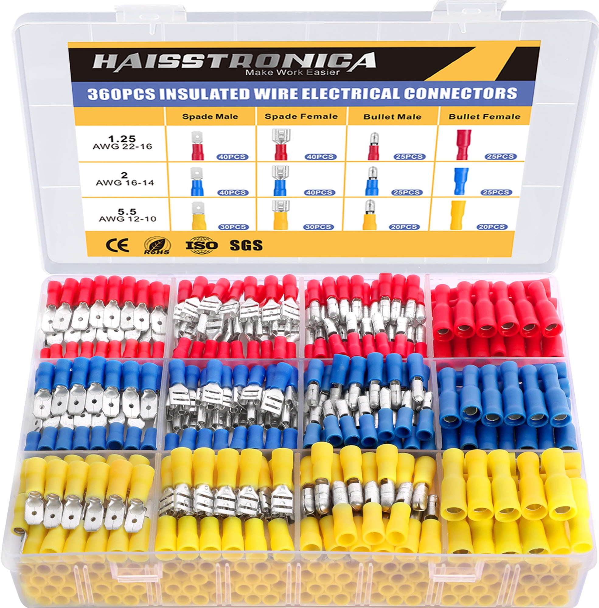 haisstronica 360PCS Electrical Insulated Bullet&Spade Termianls Kit,AWG ...