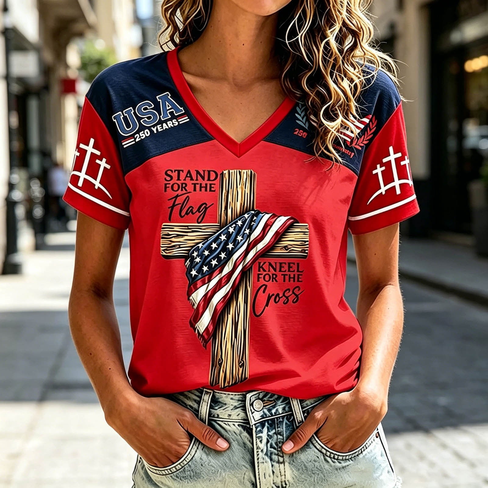 haizhen 250 Anniversary USA Shirt Women Vintage Cross American Flag ...