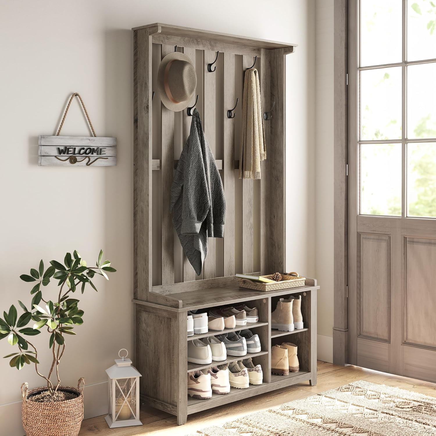 **hall tree with bench and shoe storage, coat rack with shoe bench, 7 ...
