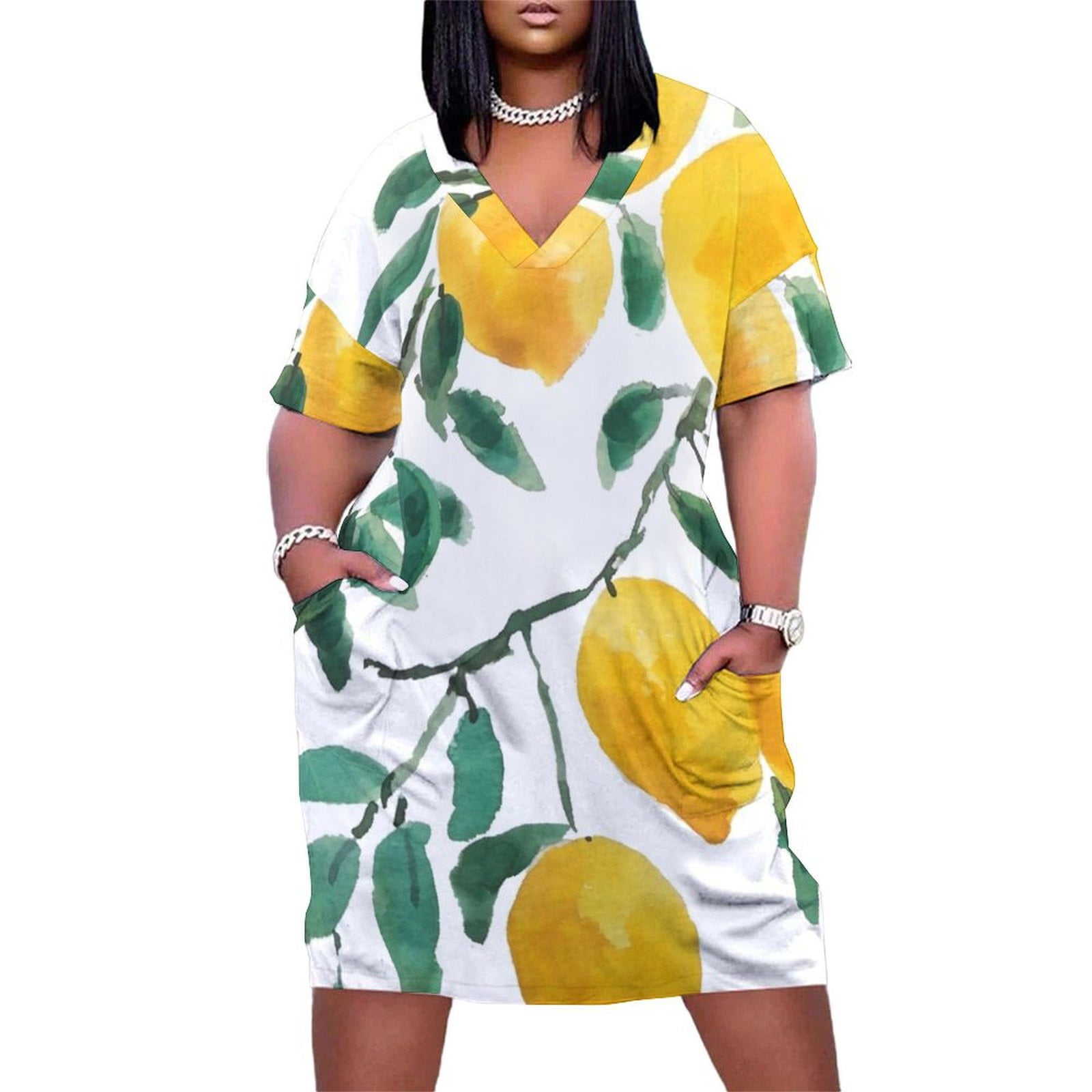 hand painted yellow lemon watercolor Loose Pocket Dress wedding dresses ...