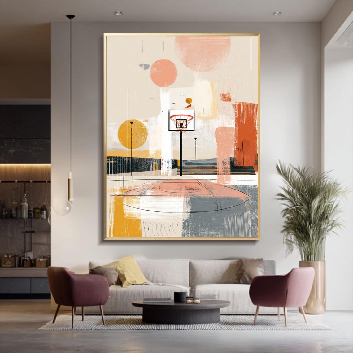 handmade original basketball on abstract minimalist colorful beige for ...