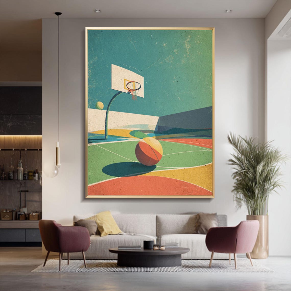 handmade original basketball on abstract minimalist colorful green for ...