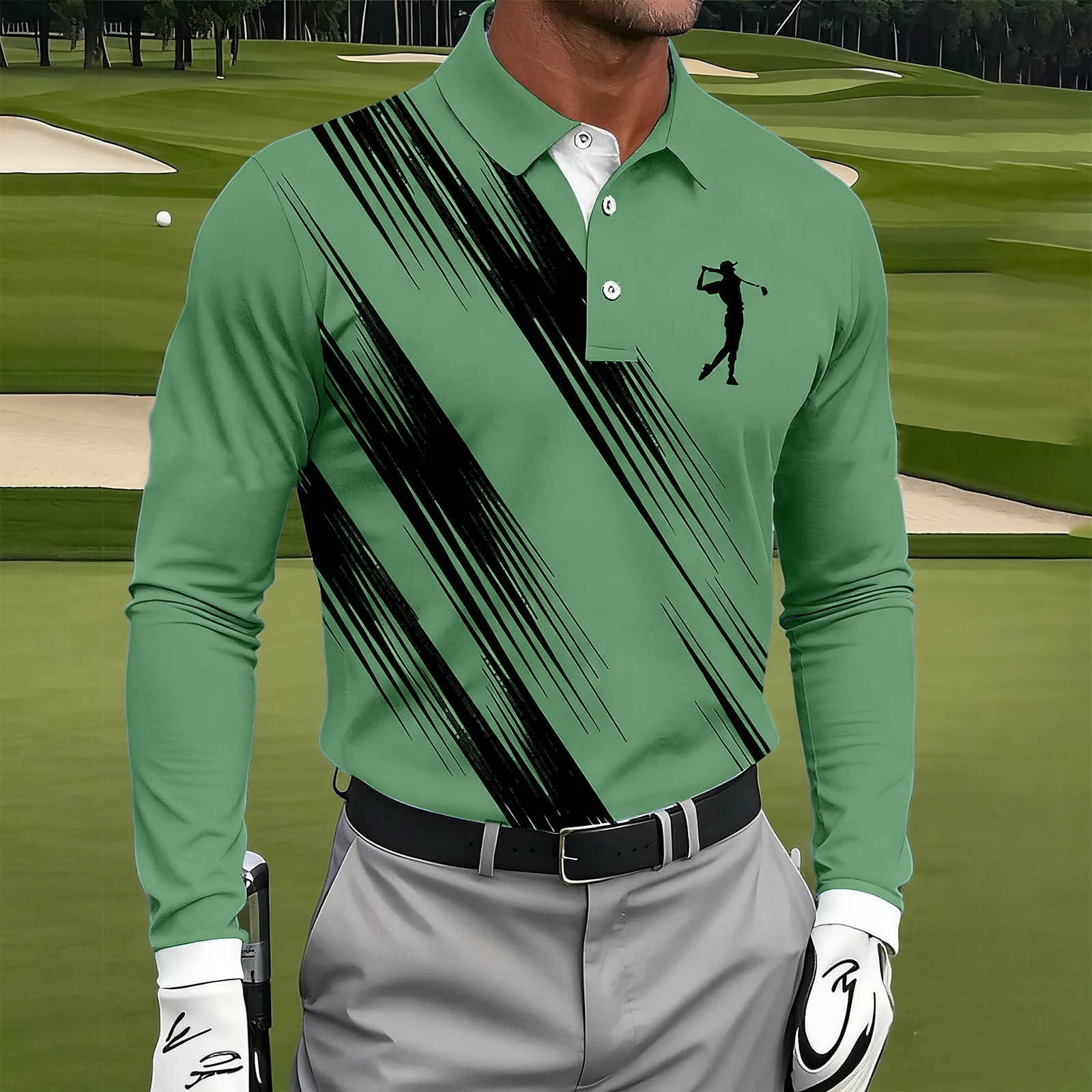 haneshirts Long Sleeve Mens Golf Polo Shirt - Green, 95% Polyester 5% ...