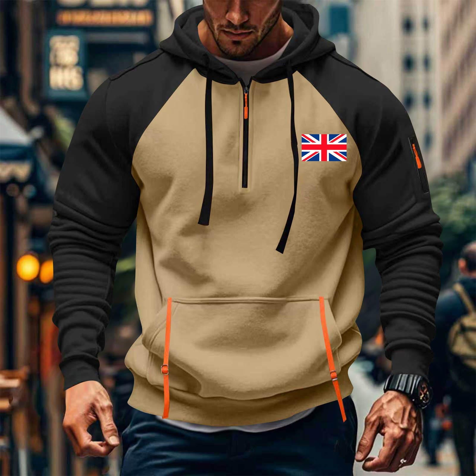 haneshirts Mens Khaki 100% Polyester Half-Zip Hoodie - Color-Block ...