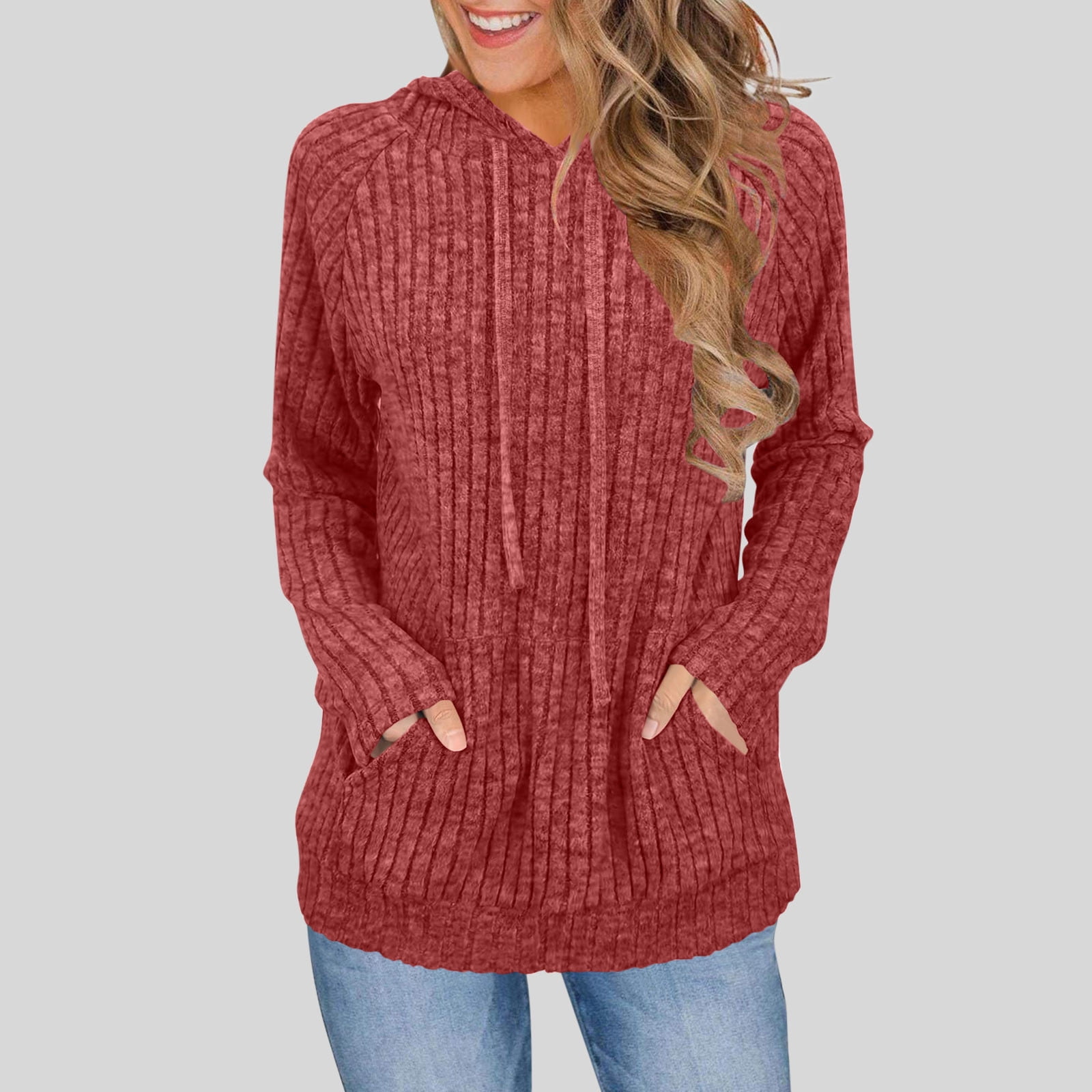 haneshirts Women's Watermelon Red Hooded Sweater Size M - Ribbed ...