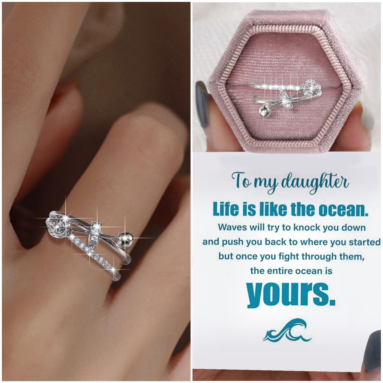 hanxiulin to my daughter ring silver geometric shape rhinestone ring adjustable silver lines ...