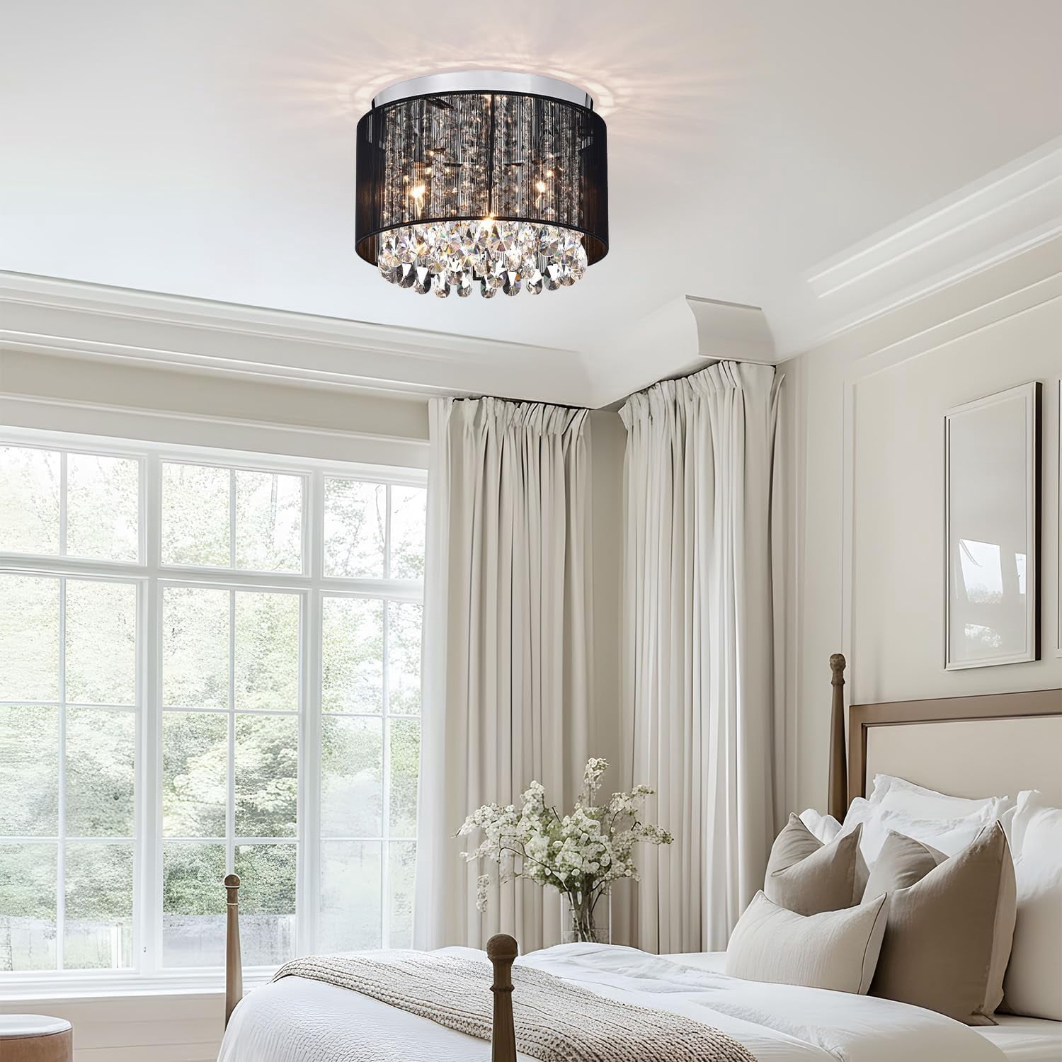 haoqian Black Mini Crystal Flush Mount Ceiling Light - 3-Light Drum ...