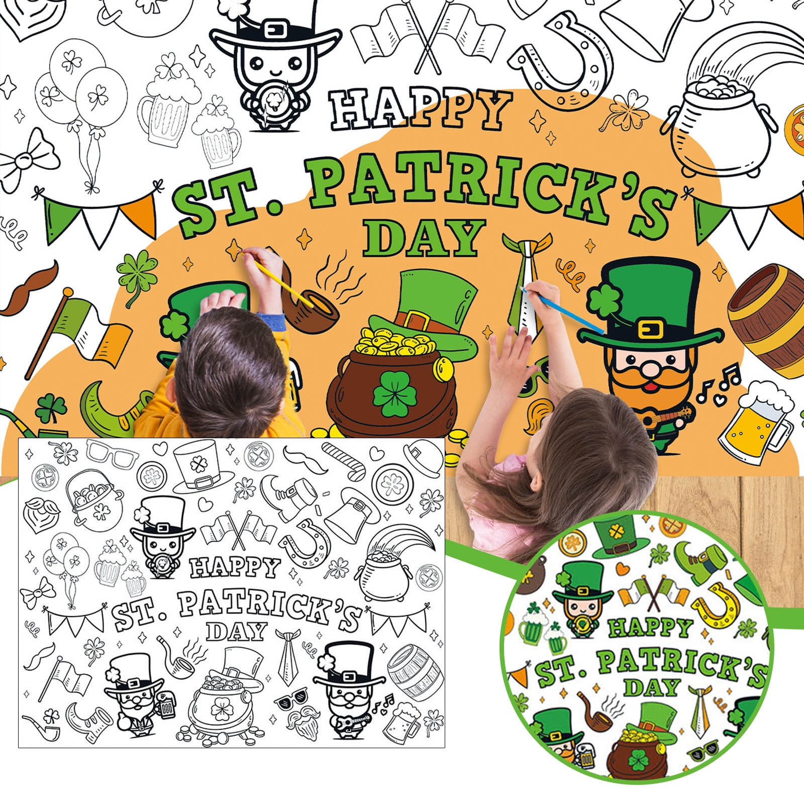 haowen 43.3 x 31.4 Inch St Patrick's Day Coloring Paper Tablecloth Poster Banner for Children ...
