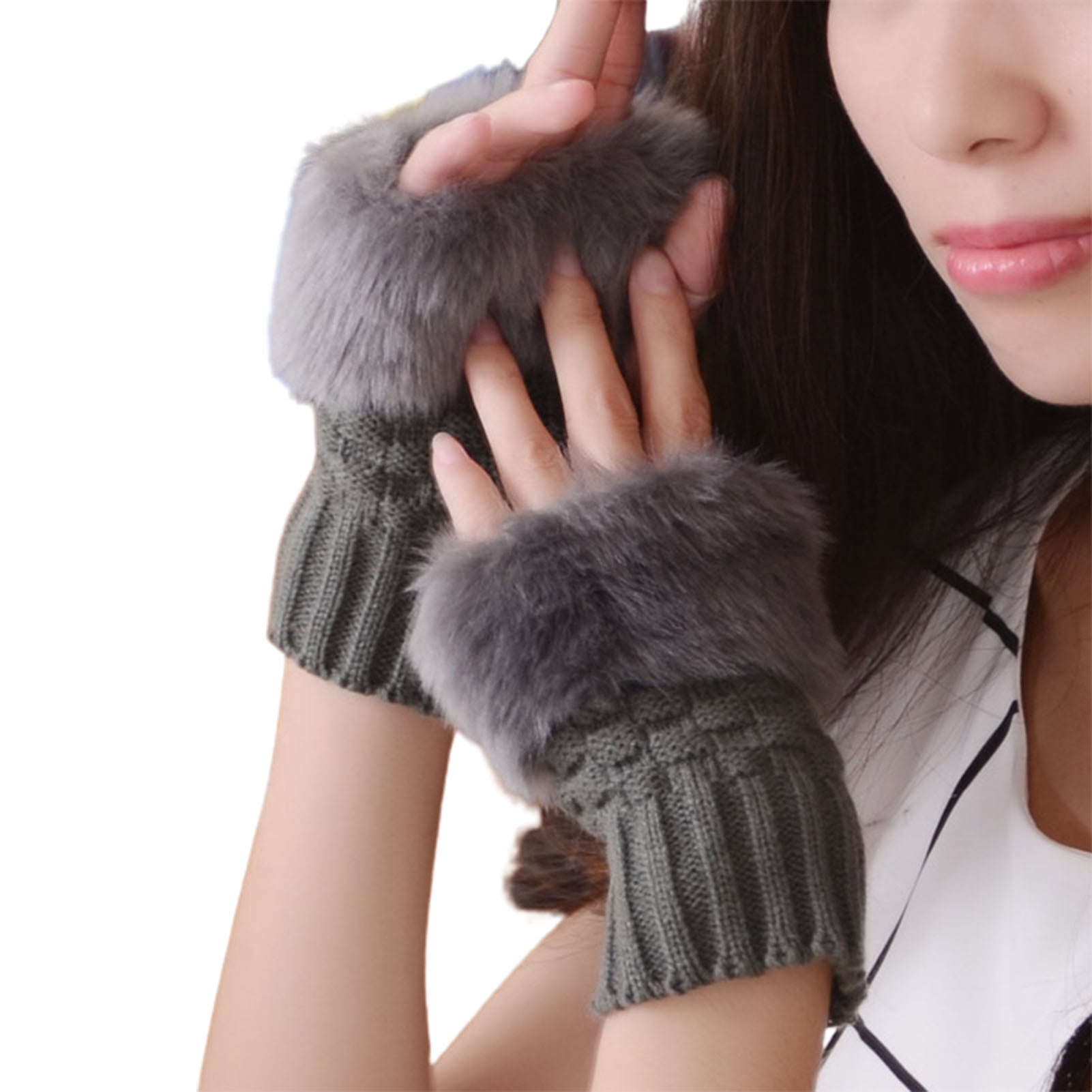 harmtty 1 Pair Women Gloves Solid Color Fuzzy Plush Warm Winter Mittens ...