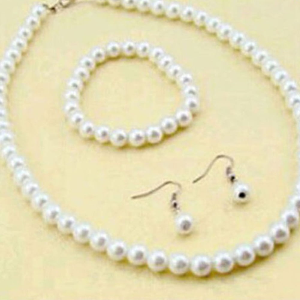 harmtty Elegant Women Faux Pearl Beads Necklace Bracelet Hook Earrings ...