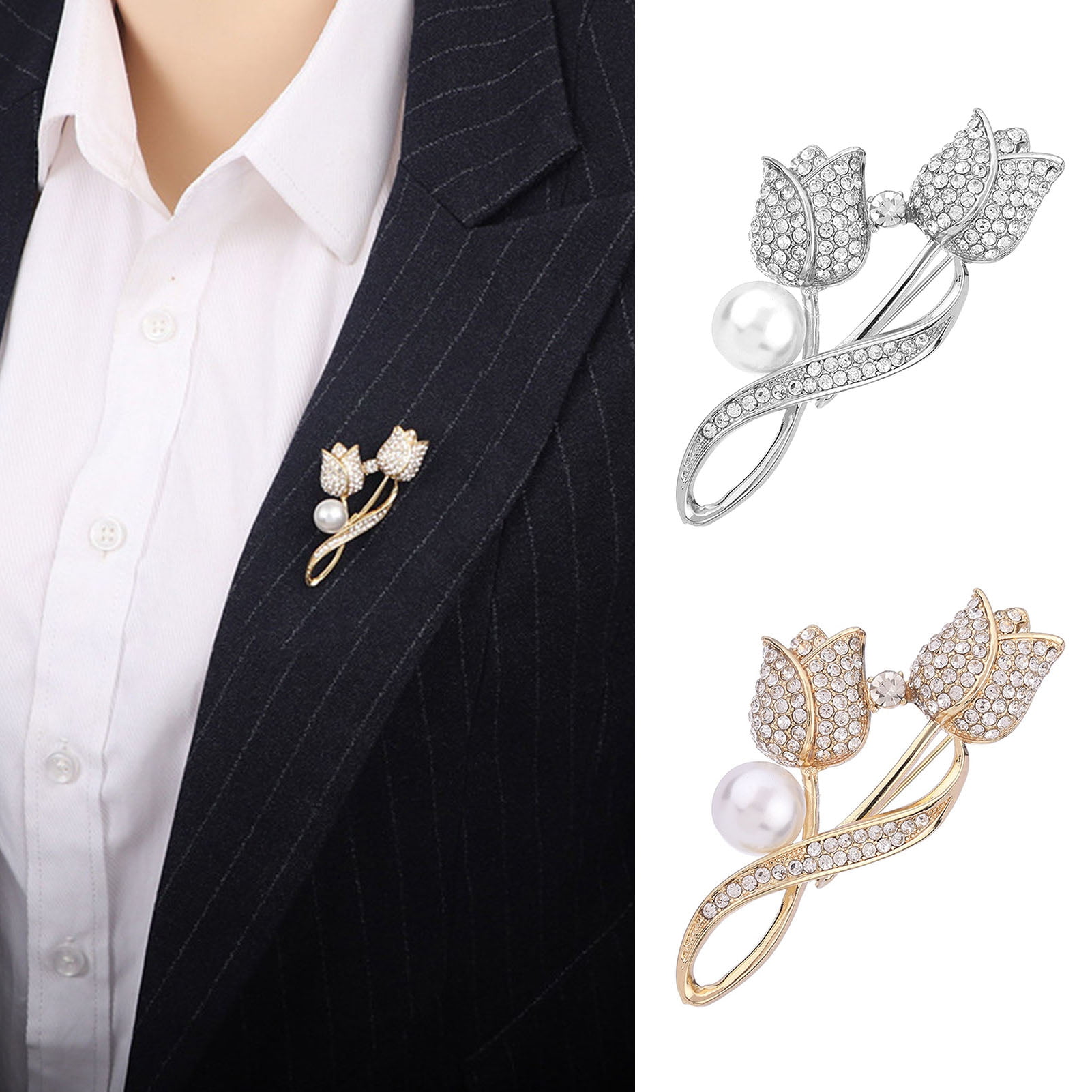 harmtty Lady Pin Rhinestone Imitation Pearl Tulip Shape Shiny Women ...