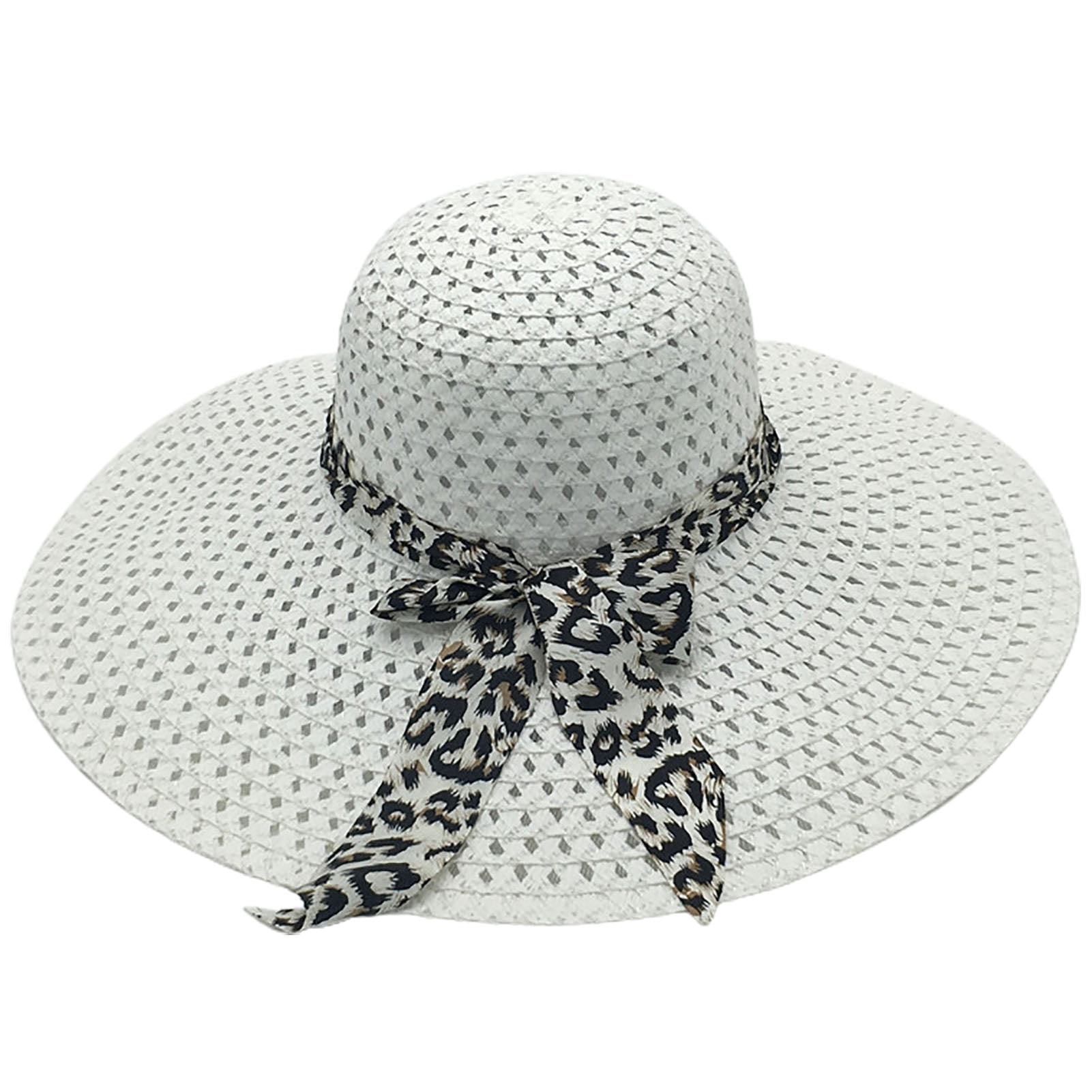 harmtty Sunscreen Braided Foldable Straw Hat Leopard Bowknot Decor Wide ...