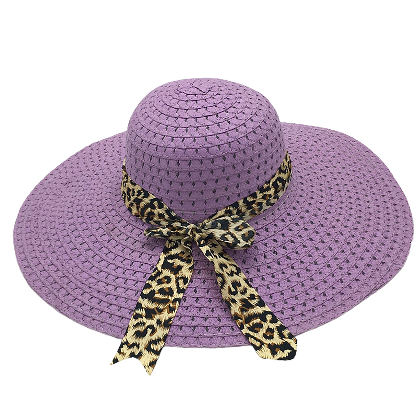 harmtty Sunscreen Braided Foldable Straw Hat Leopard Bowknot Decor Wide ...