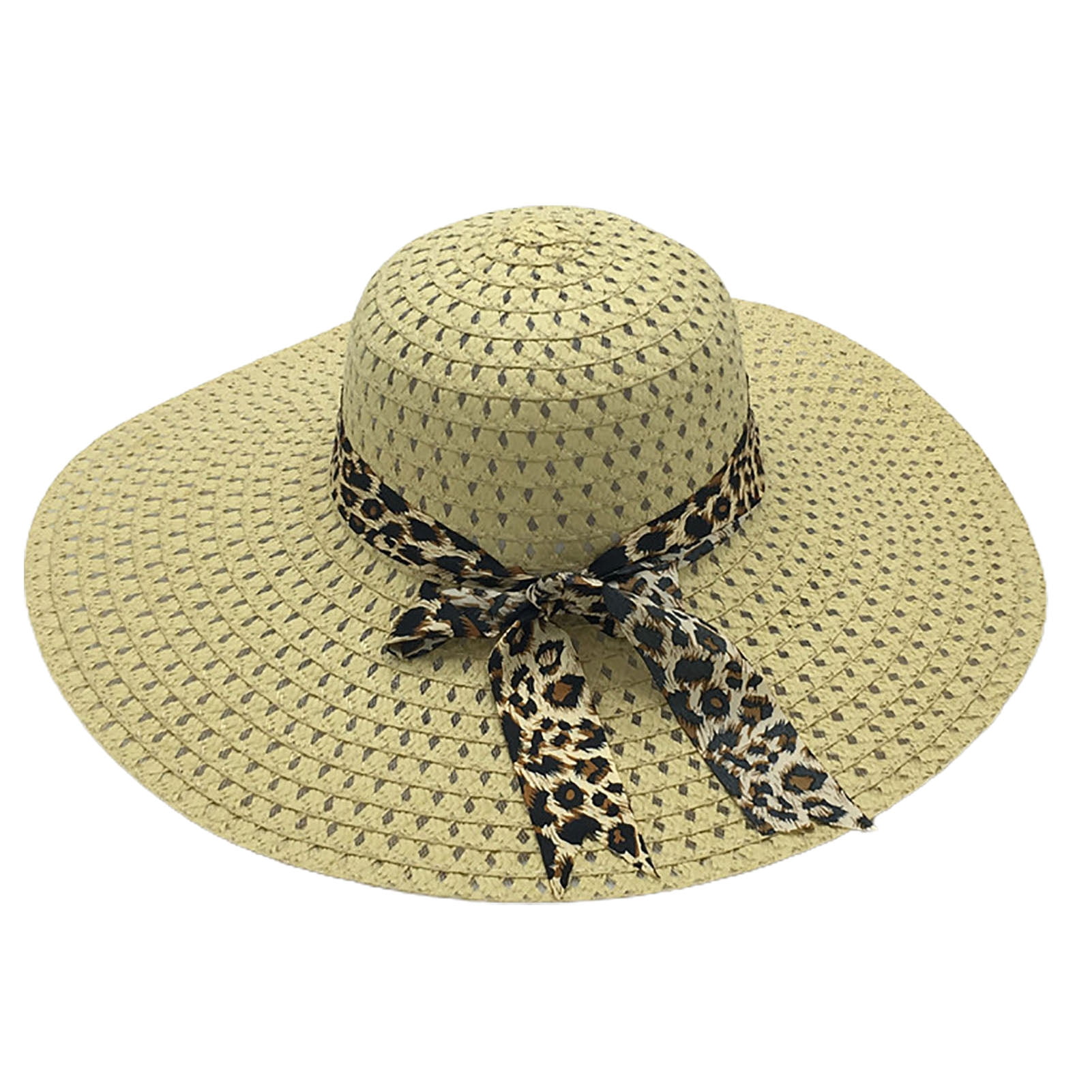 harmtty Sunscreen Braided Foldable Straw Hat Leopard Bowknot Decor Wide ...