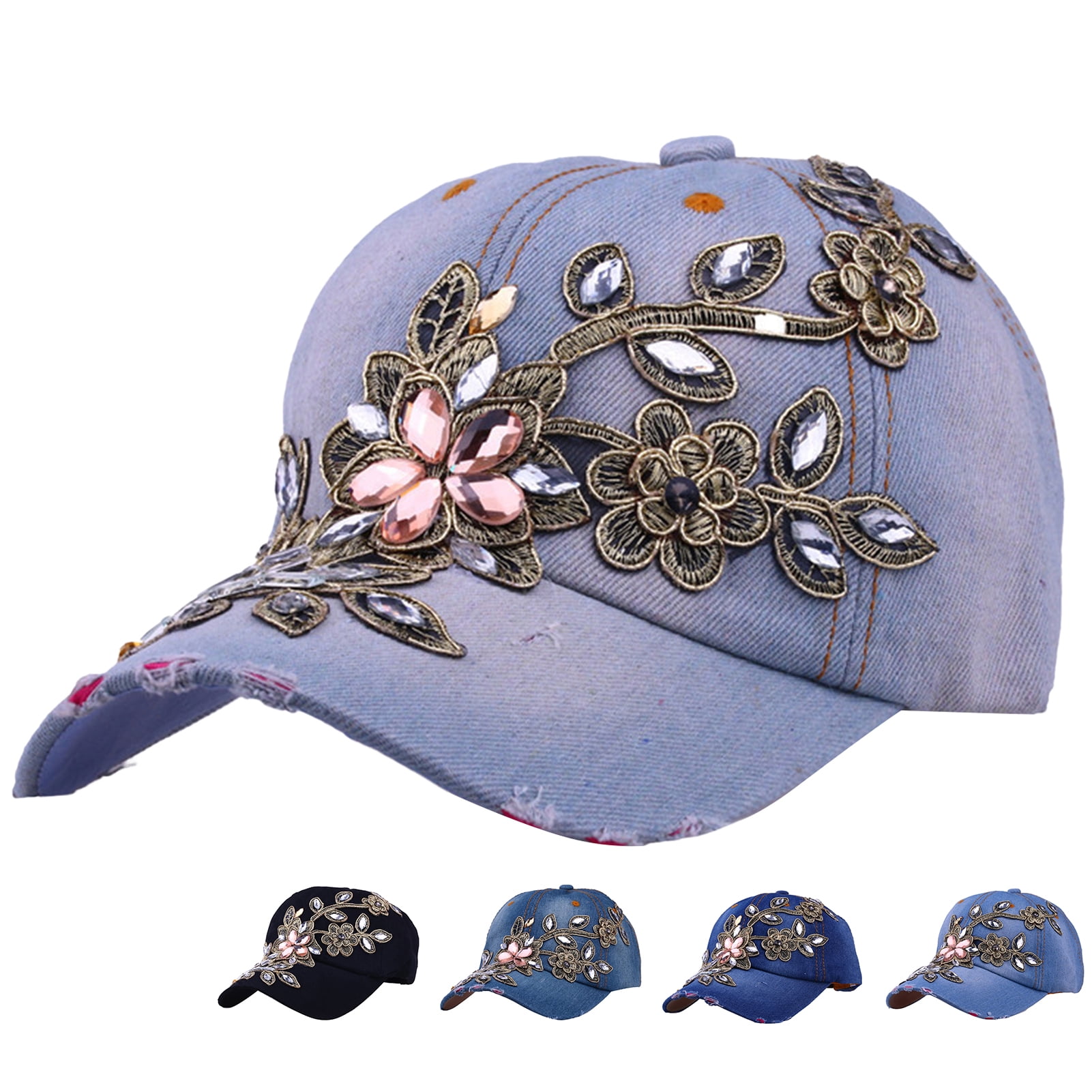 harmtty Women Hats Portable Adjustable Shiny Rhinestone Flower ...