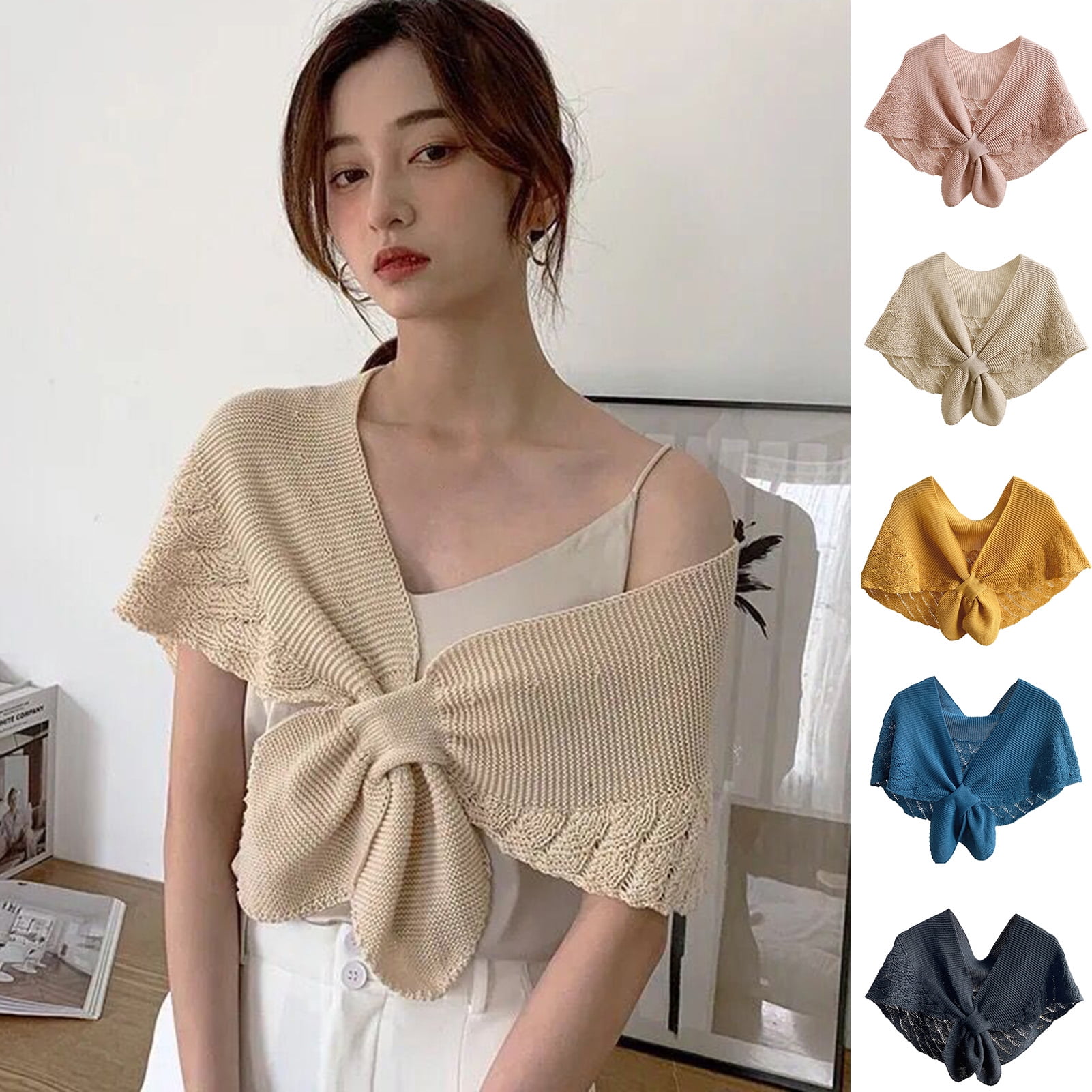 harmtty Women Shawl Short Solid Color Knitted Sunscreen Open Stitch Air ...