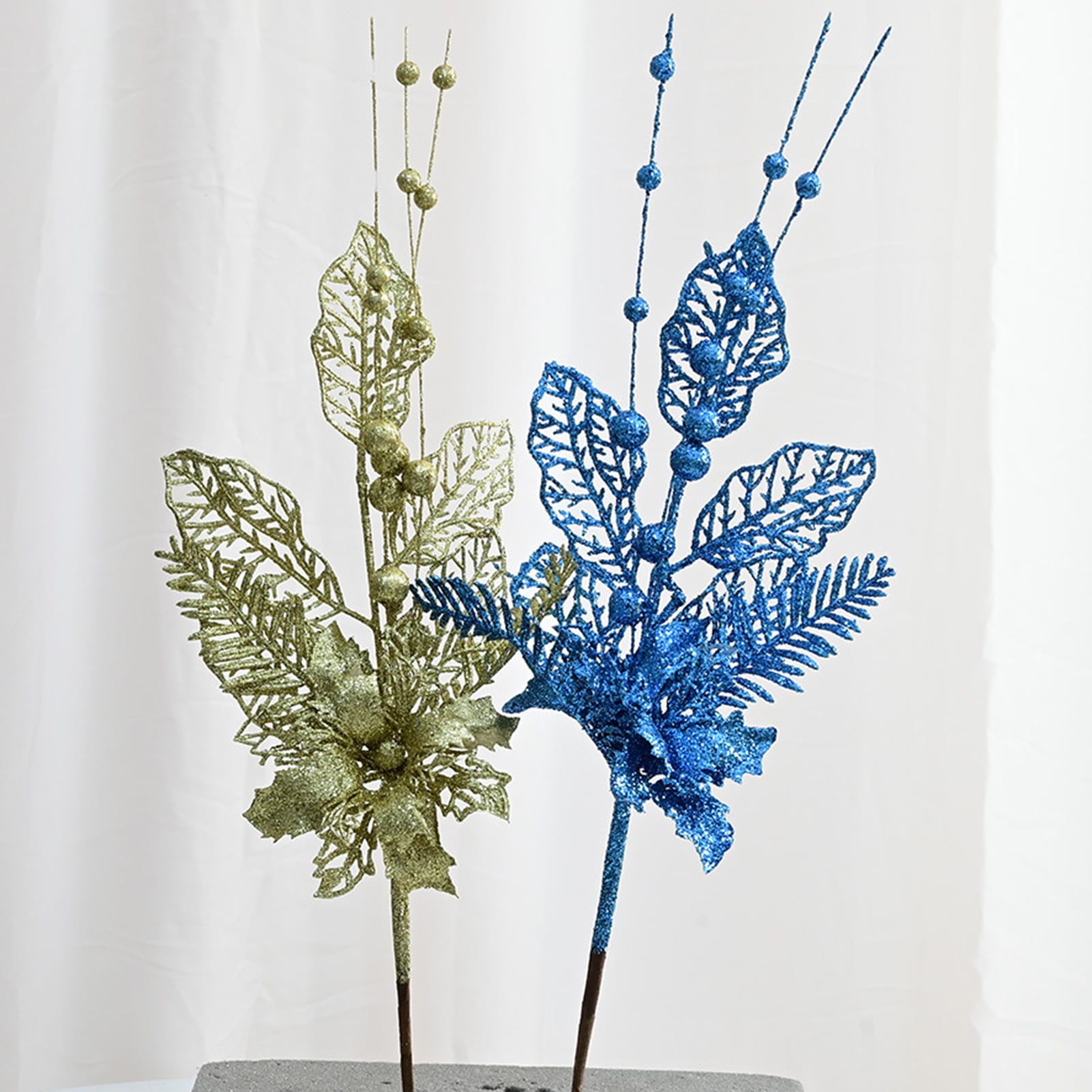 harmtty Xmax Fake Leaves Shiny Powder Glittery Hollow Artificial Flower ...