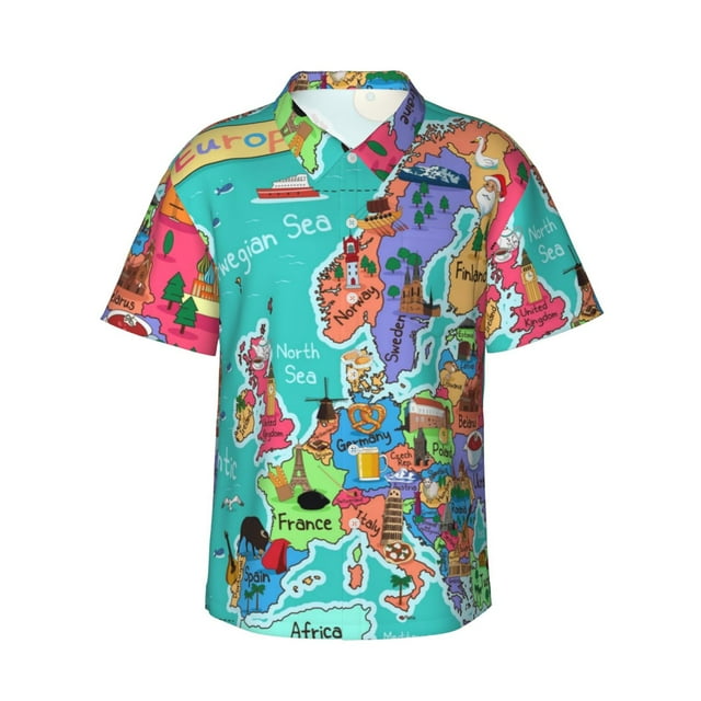 hawaiian shirt for men - Cartoon Map Of Europe Tropical Short Sleeve ...