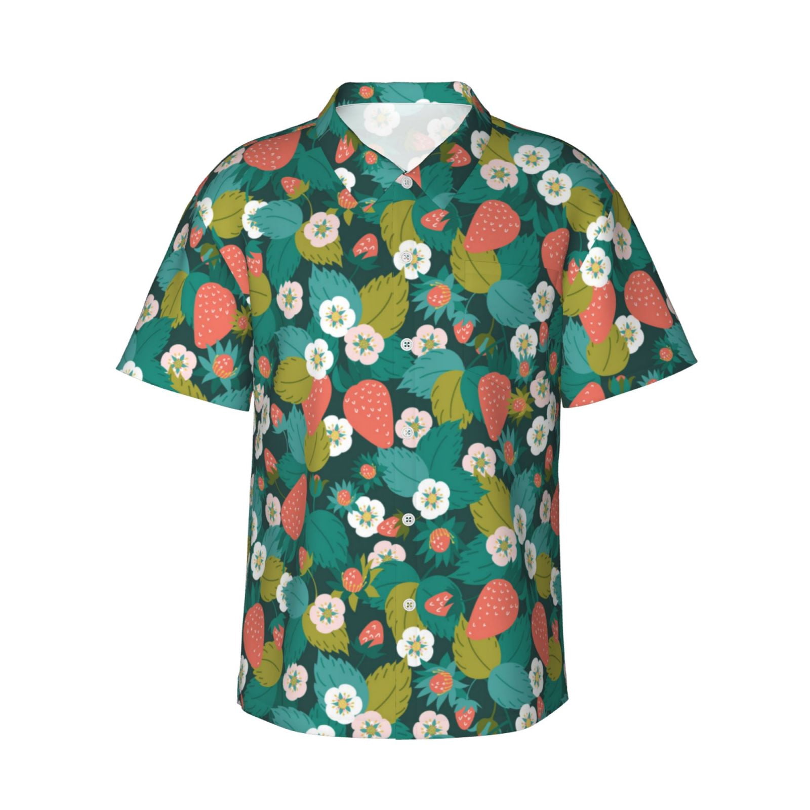 hawaiian shirt for men - Red berries green leaves white flowers Tropical Short Sleeve Button ...