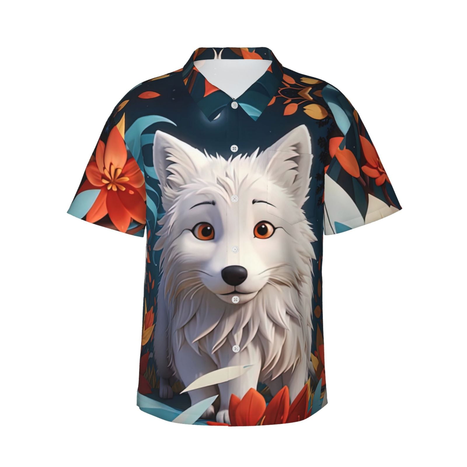 hawaiian shirt for men - White Wolf with Flowers Tropical Short Sleeve ...