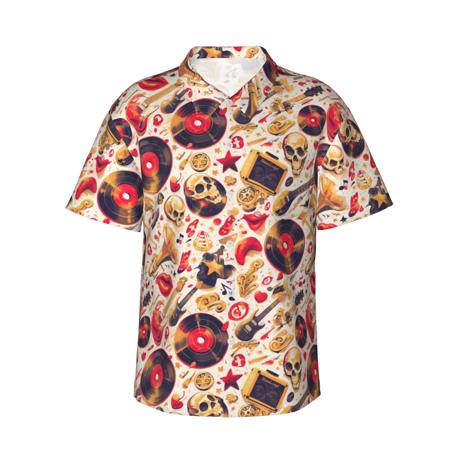 hawaiian shirt for men - gold Skull Guitar record Tropical Short Sleeve ...