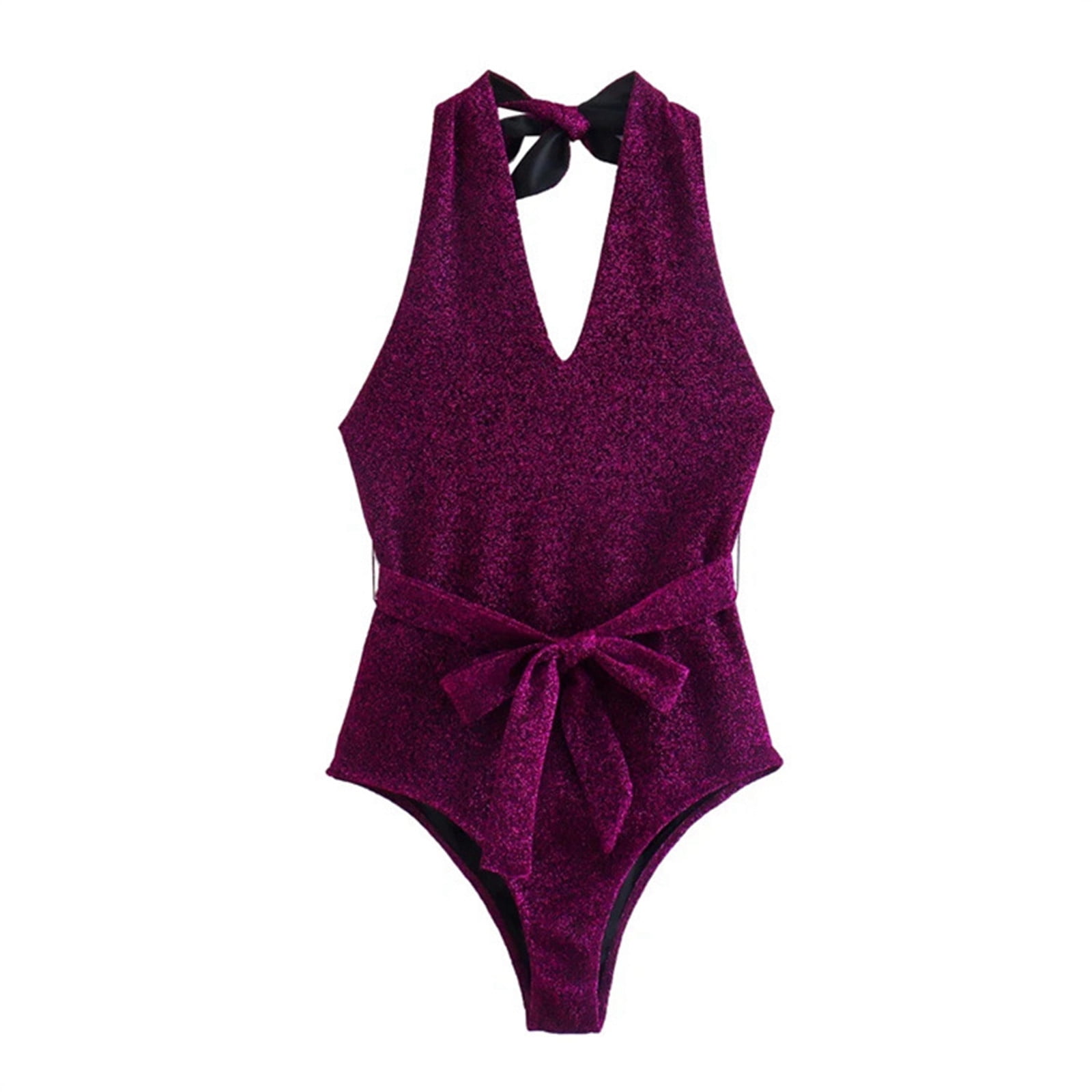 Hcuribad Swim Suits 2024 Womens New Bright Silk Belted Deep V Hanging