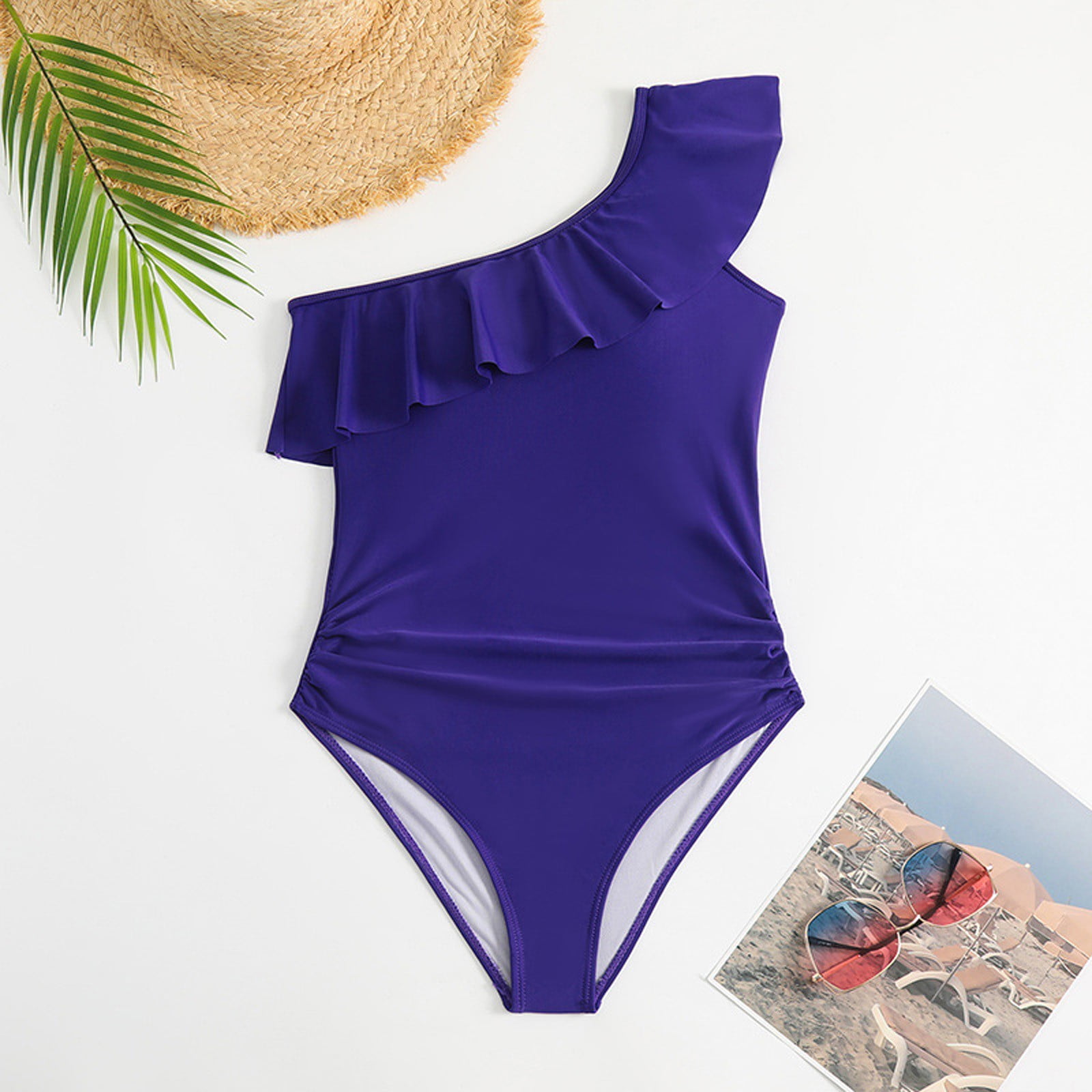 Hcuribad Swim Suits 2024 Womens Solid Color Ruffle Sexy One Shoulder