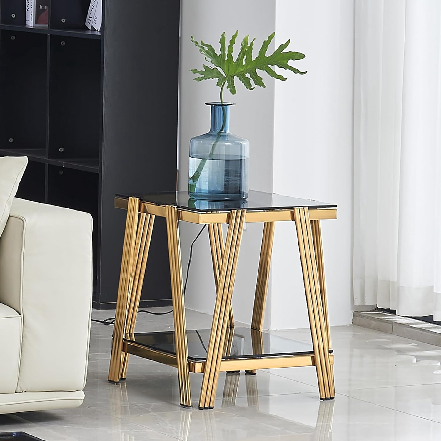 healthomse 20" Square End Table, Double-Layer Black Tempered Glass Top ...