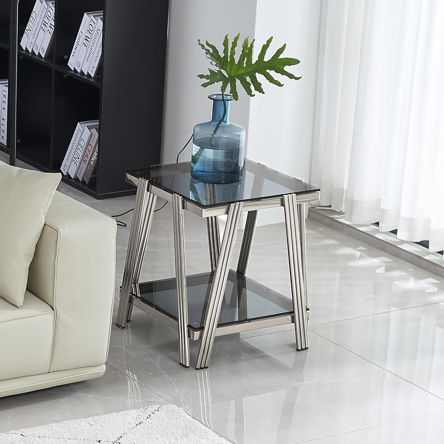 healthomse 20" Square End Table, Double-Layer Black Tempered Glass Top ...