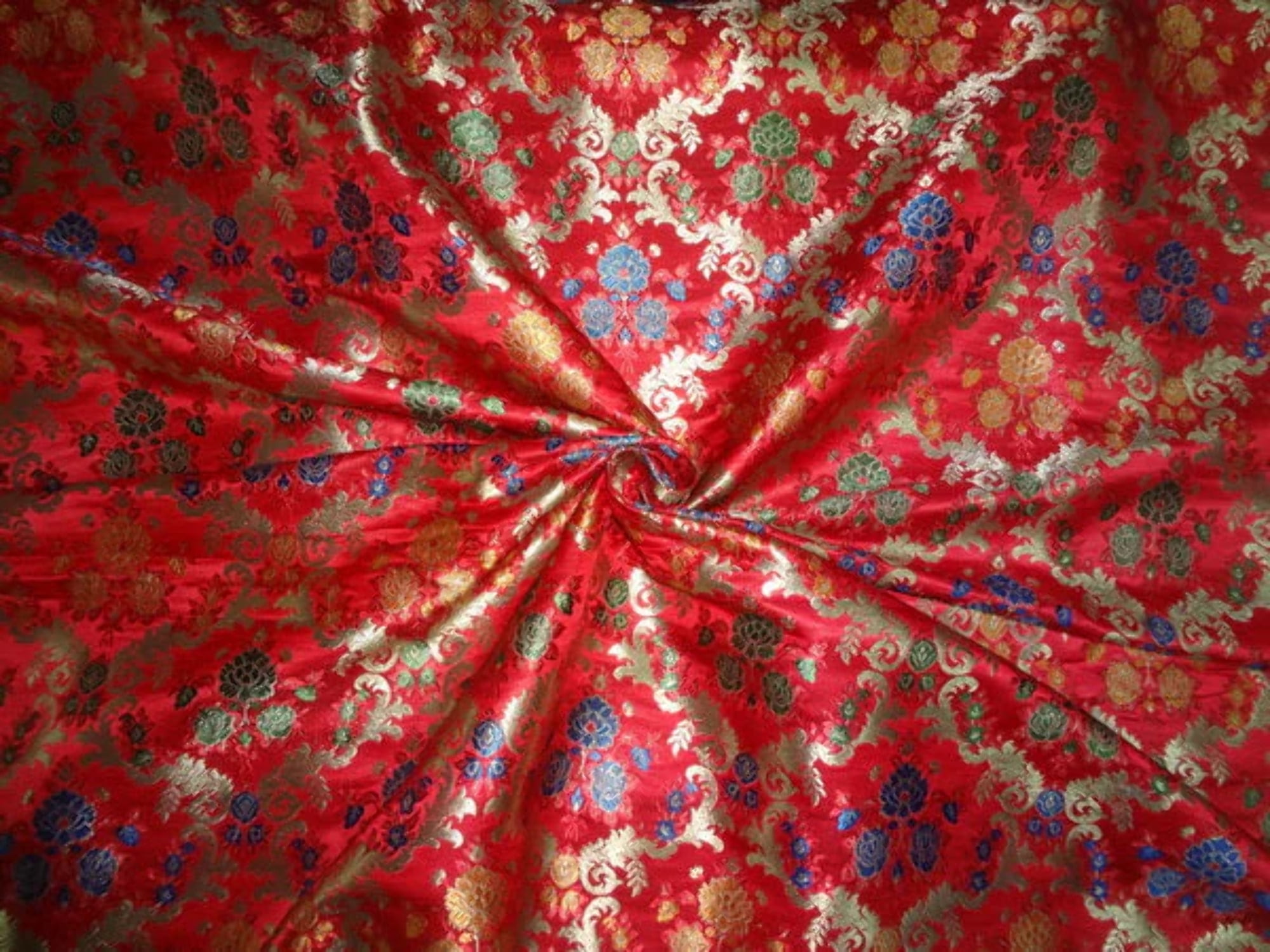 heavy SILK brocade fabric satin weave RED multi color 36" wide BRO363[4 ...
