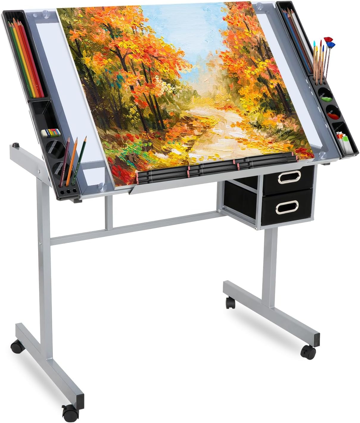 **height adjustable drawing desk glass top rolling drafting table art ...