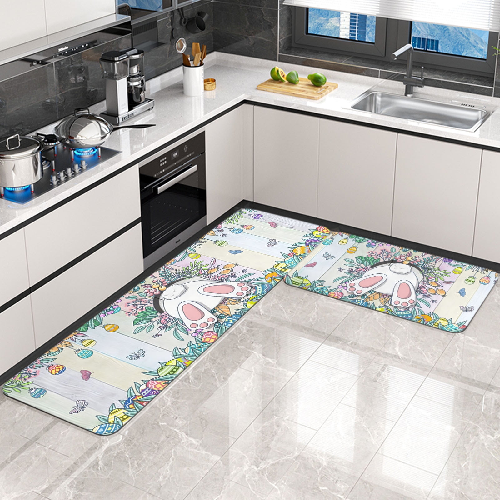 hengsof 2 Pcs Easter Kitchen Rug Cute Bunny Ears Easter Doormat ...