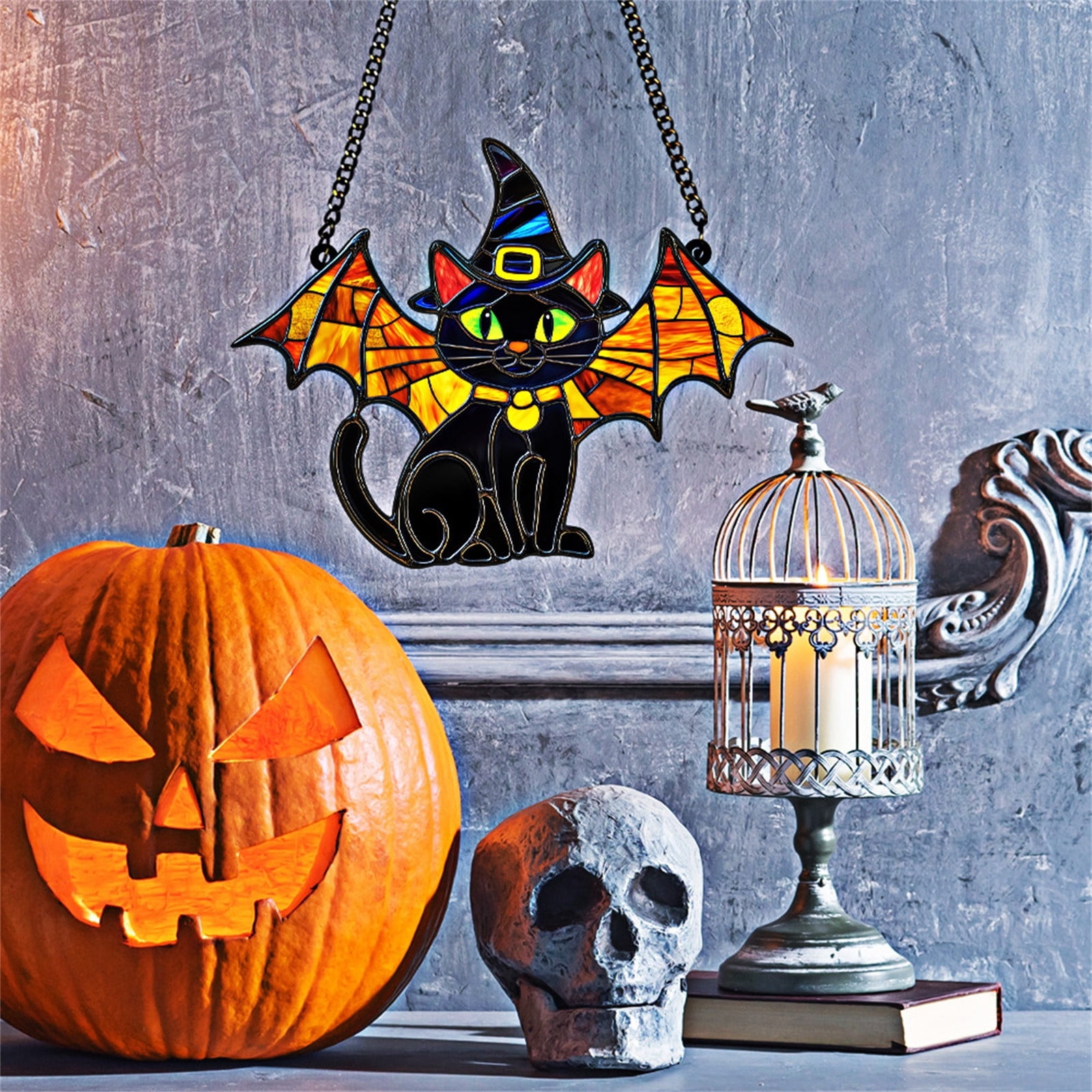 hengsof Bat Decor Stained Acrylic Window Hanging,Halloween Bat ...