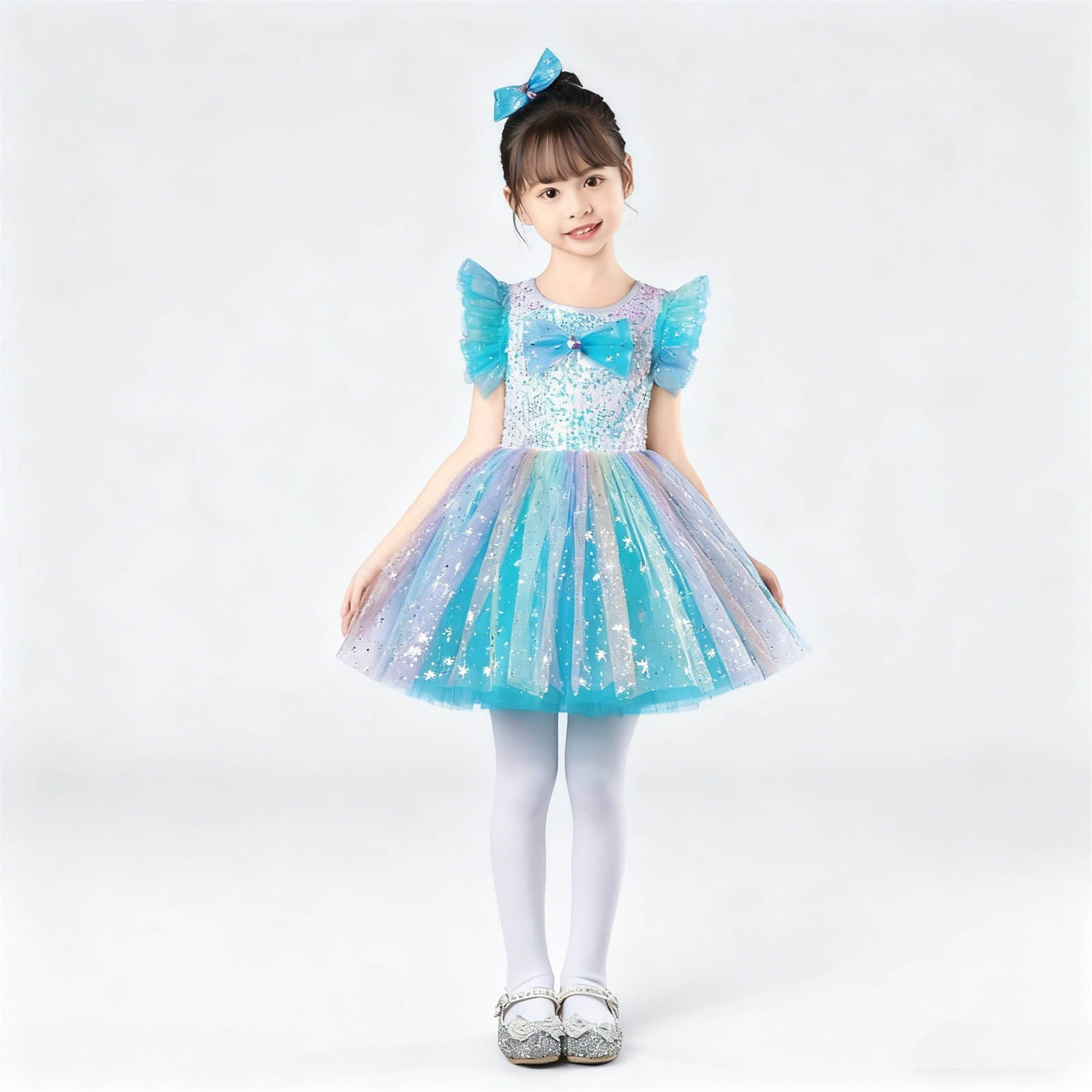 hengsof Bow and Star Sequin Strapless Tiered Dress for Girls, Mesh ...