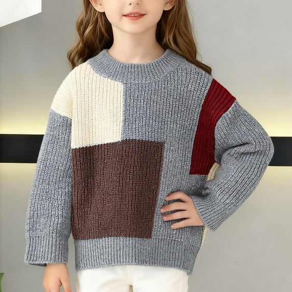 hengsof Children'S Winter Round Neck Long-Sleeved Pullover, Color Block ...