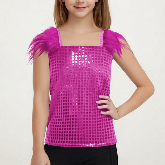hengsof Children's Girls' Frayed Sequined Sleeveless Dance Top Stage ...