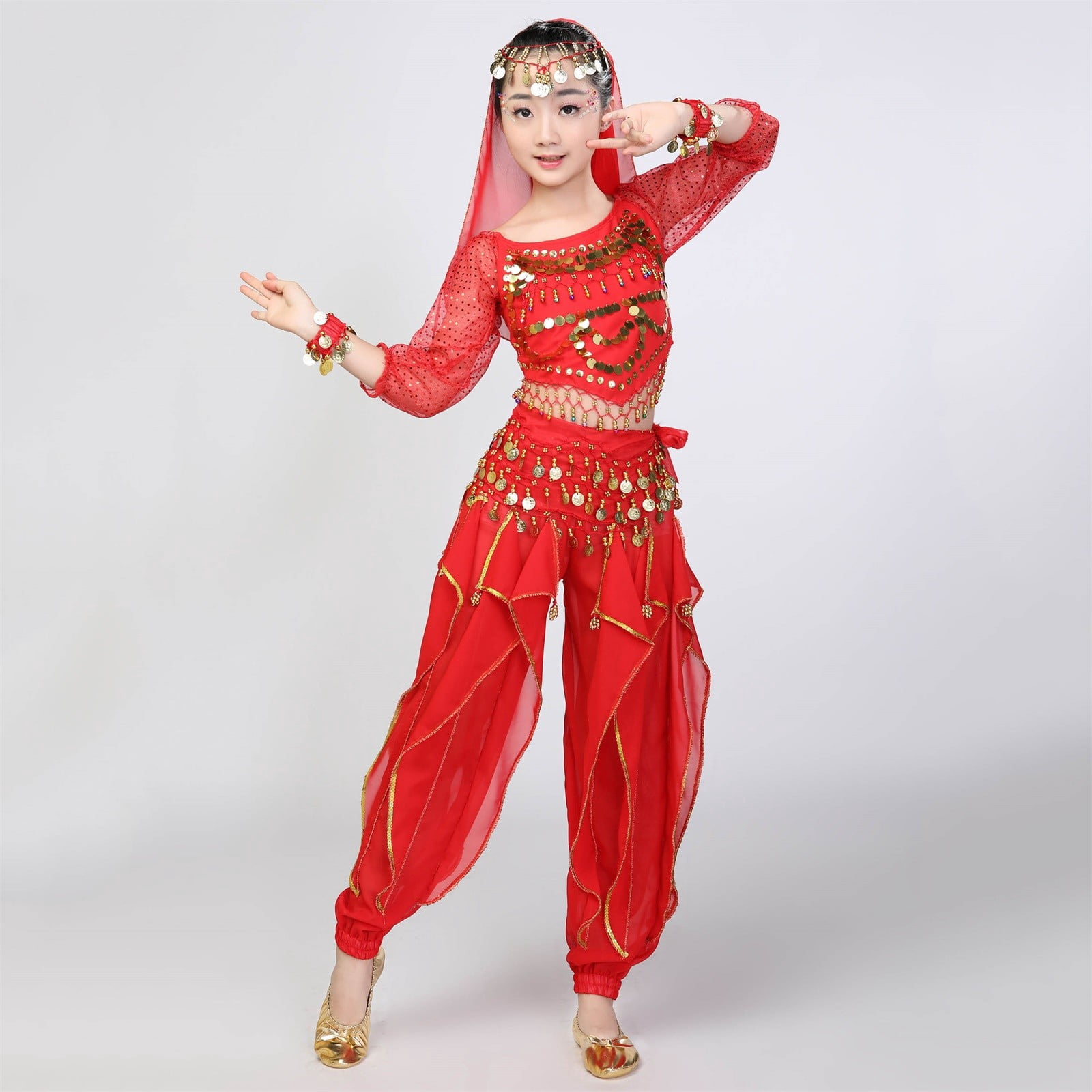 hengsof Children's Solid Color Dance Clothing Fashionable Sequined Long ...